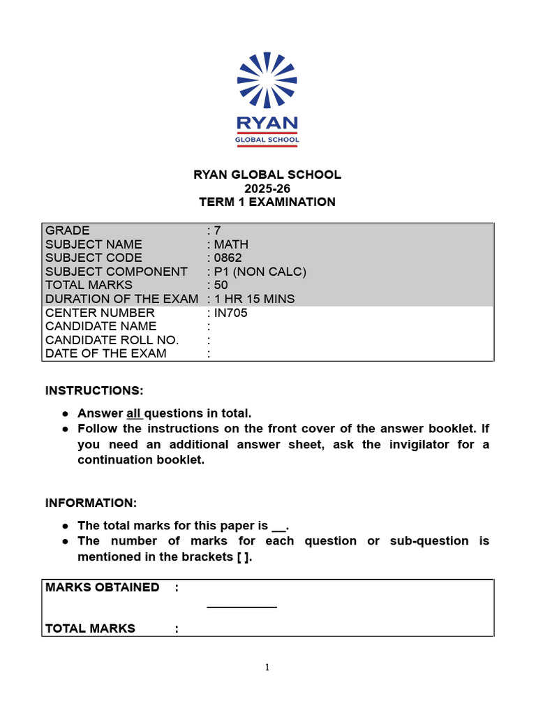 GR 7 P1 Math Non Calc 2025-2026 | PDF | Triangle | Angle