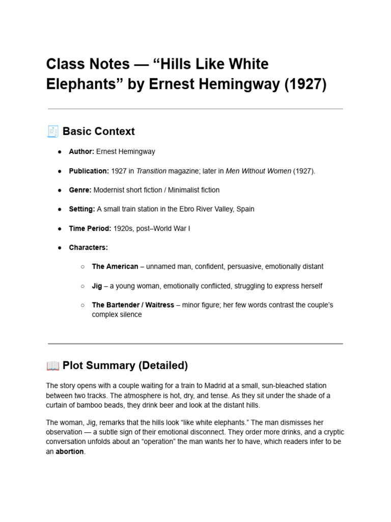 Class Notes - "Hills Like White Elephants" by Ernest Hemingway (1927) | PDF