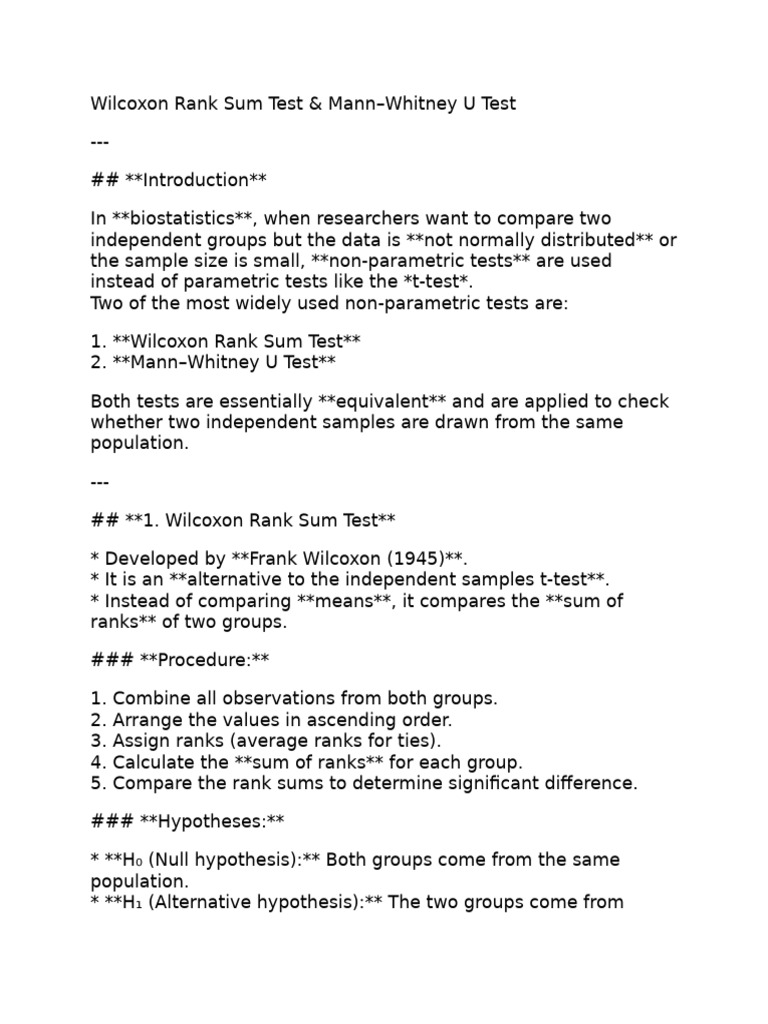 Wilcoxon Rank Sum Test & Mann | PDF | Mann–Whitney U Test | Student's T ...