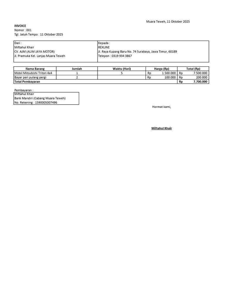 Invoice Pembayaran CV. AJM untuk REXLINE | PDF