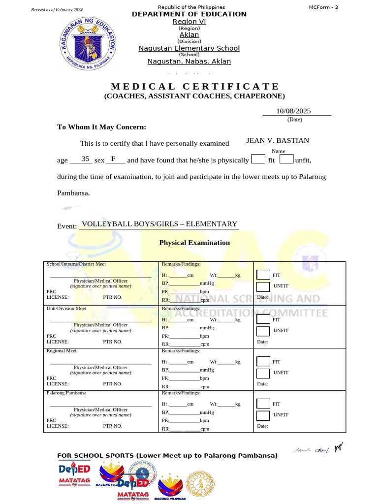 JEAN Medical For Coaches Asst Coaches Chaperones - v2024 | PDF | Health Sciences | Public Services