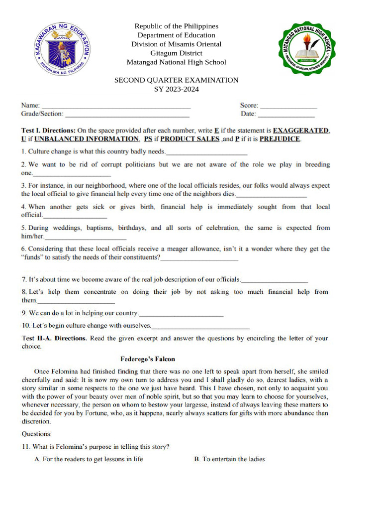2nd Quarter Exam in Englsih | PDF