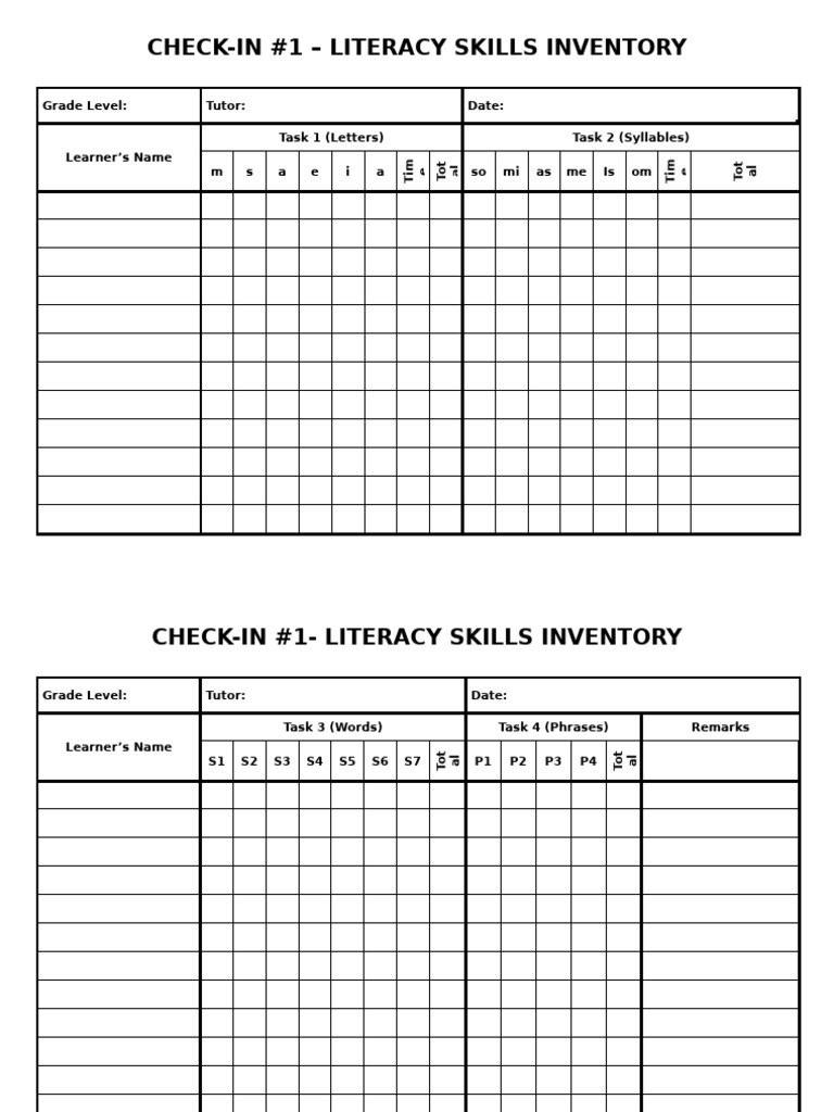 Literacy Skills Inventory Check-Ins | PDF