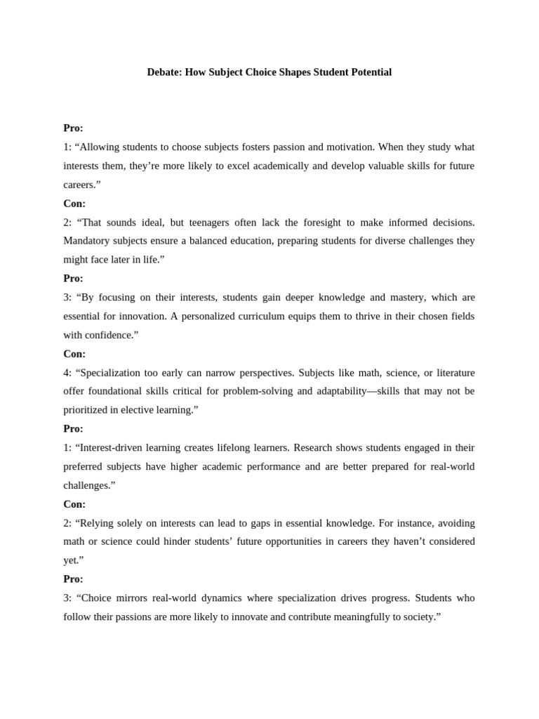 Debate: How Subject Choice Shapes Student Potential | PDF