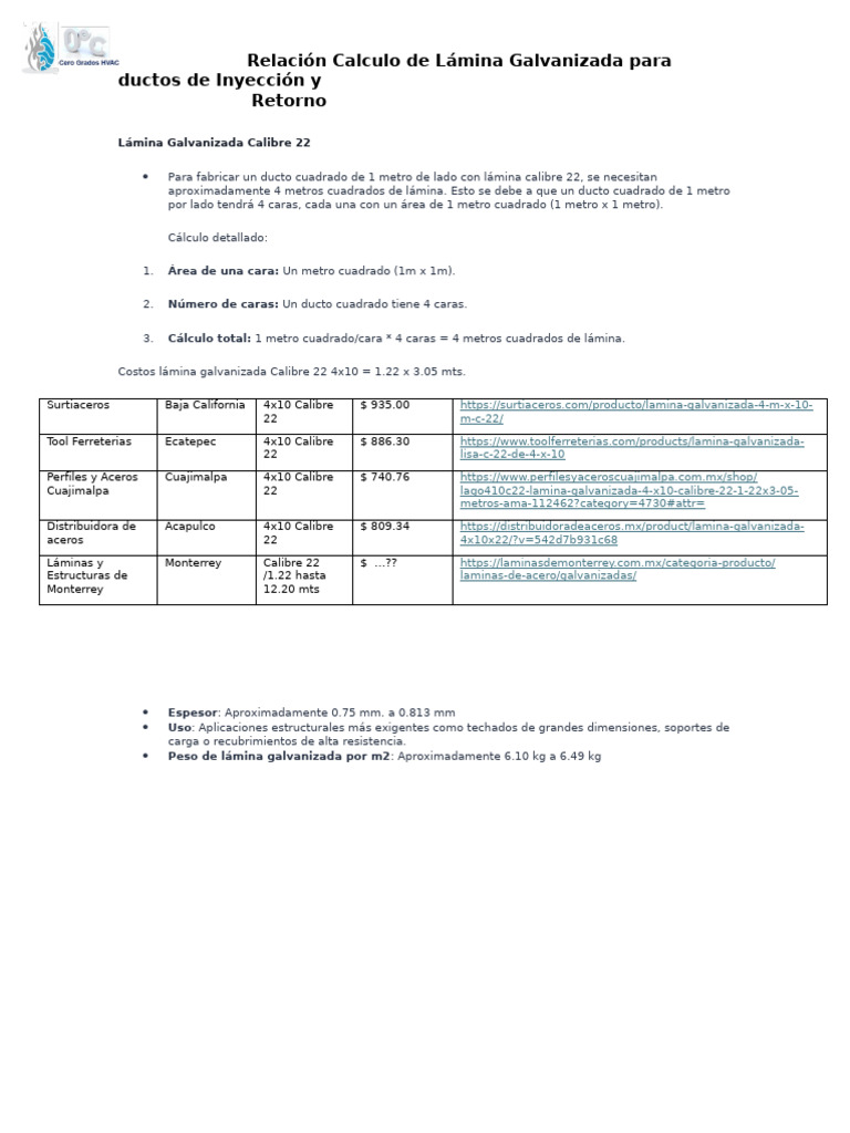 Cálculo De Lámina Galvanizada Calibre 22 Pdf Ingeniería De