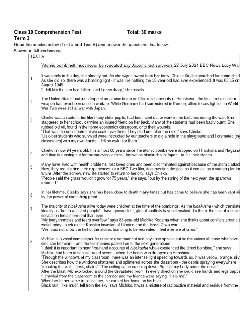 Class 10 Atomic Bomb Comprehension Test | PDF | Atomic Bombings Of ...