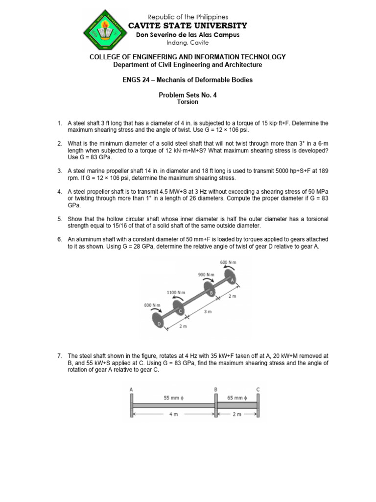 ENGS24 Problem Sets No. 4 | PDF | Stress (Mechanics) | Torque