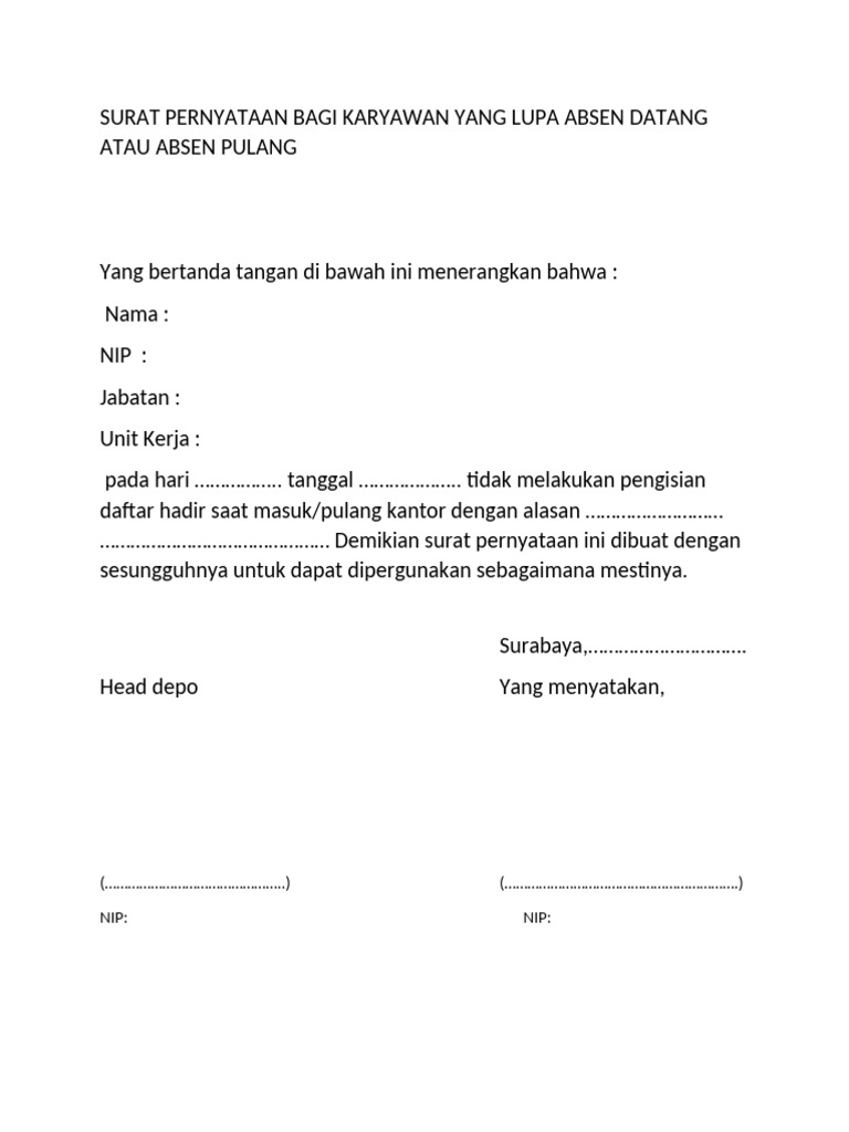 Surat Pernyataan Lupa Absen Pulang | PDF