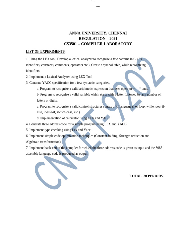 Cs3501 Compiler Design Lab | PDF | Program Optimization | Computer Program