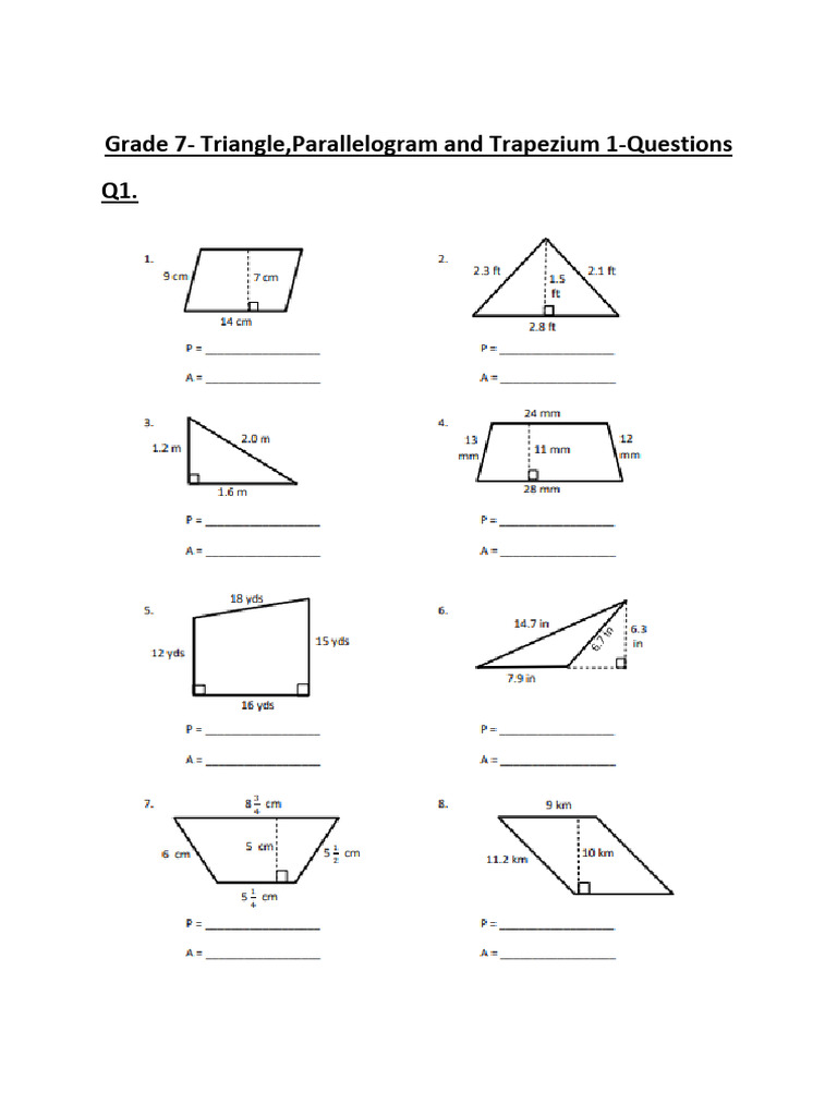 Grade 7 - Triangle, Parallelogram and Trapezium 1-Questions | PDF