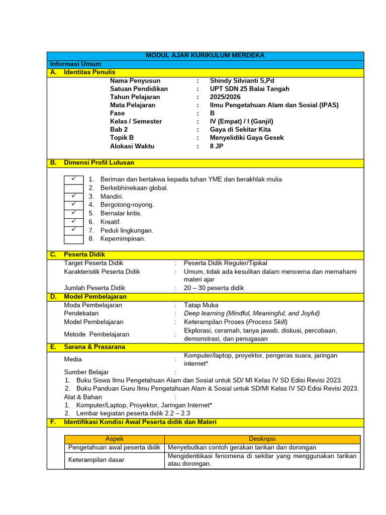 Modul Ajar IPAS Kelas IV: Gaya Gesek | PDF