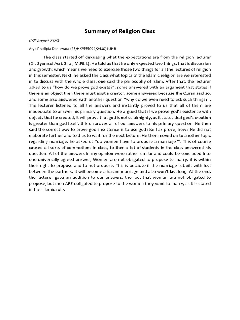 Insights from Religion Class Discussion | PDF
