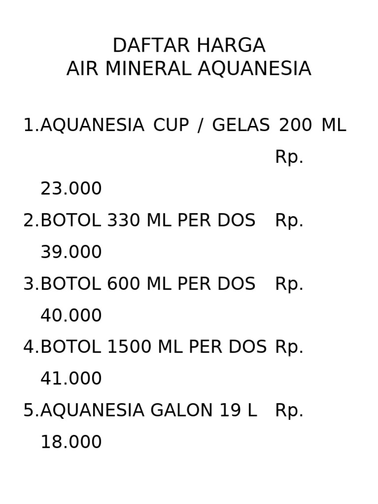 Harga Air Mineral Aquanesia 2023 | PDF