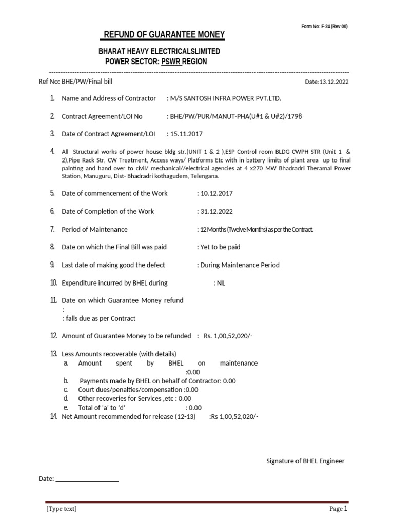 Refund of Guarantee Money Process | PDF
