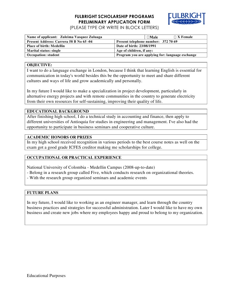 Fulbright Scholarship Programs Preliminary Application Form: Objective ...