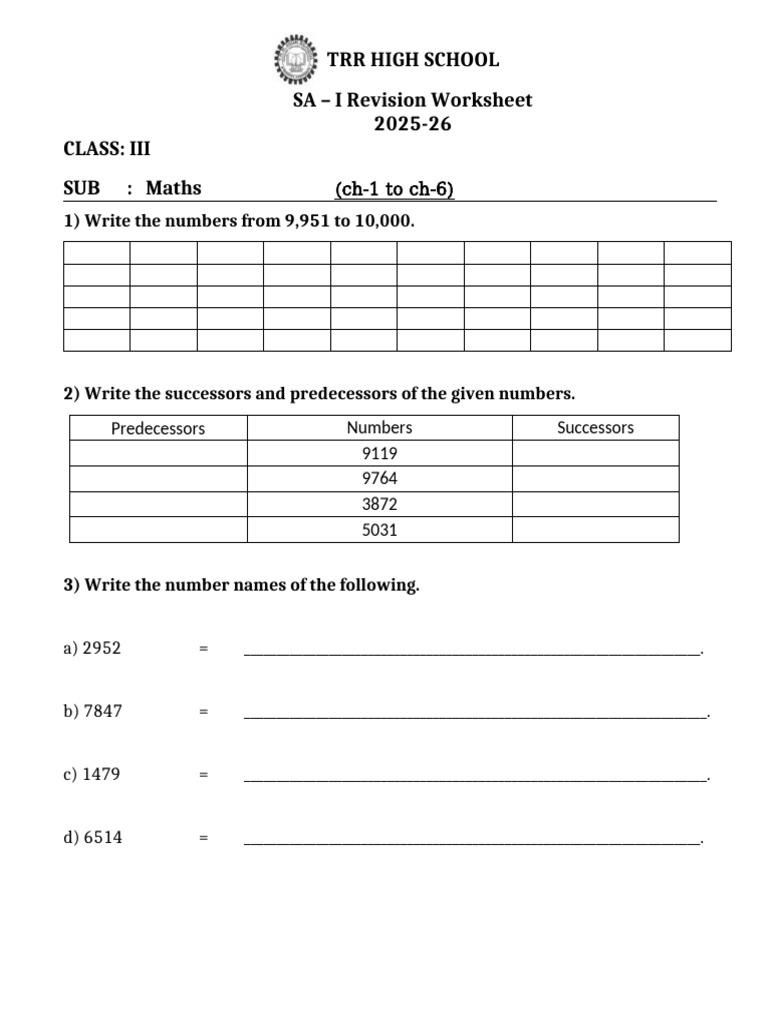 Maths Revision Worksheet for Class III | PDF | Division (Mathematics ...