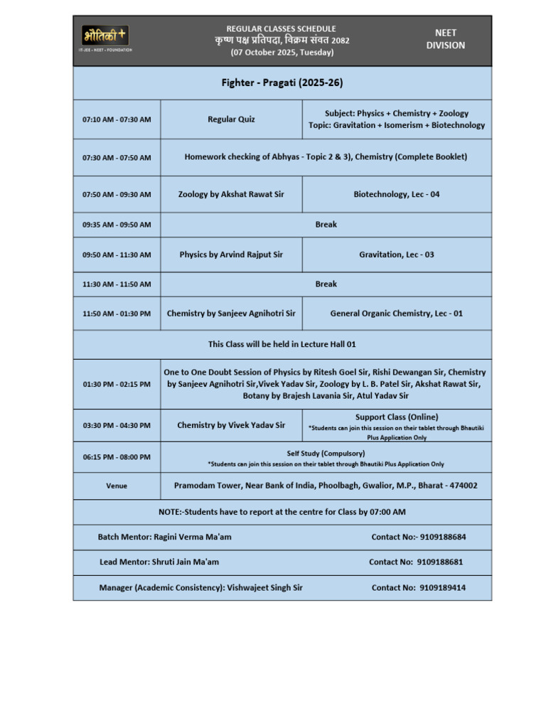 Regular Classes Schedule Fighter - Pragati (07!10!2025) | PDF