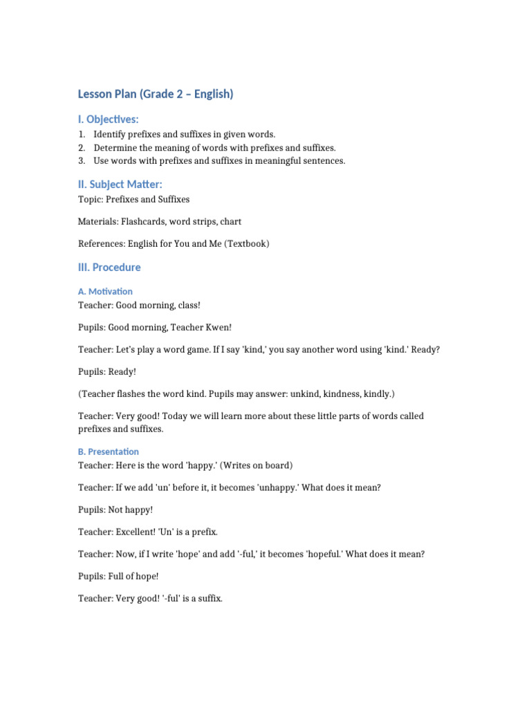 Grade 2 Lesson Plan: Prefixes & Suffixes | PDF