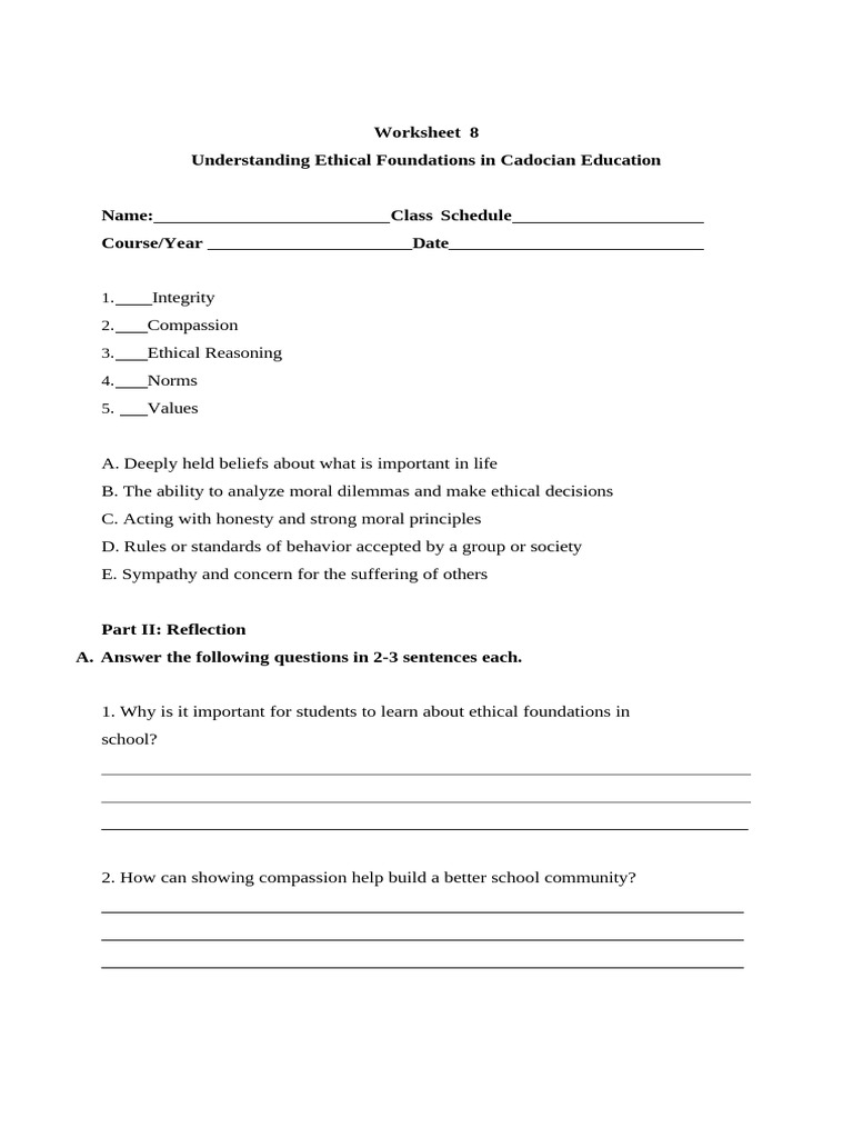 Ethical Foundations in Education Worksheet | PDF | Critical Thinking ...