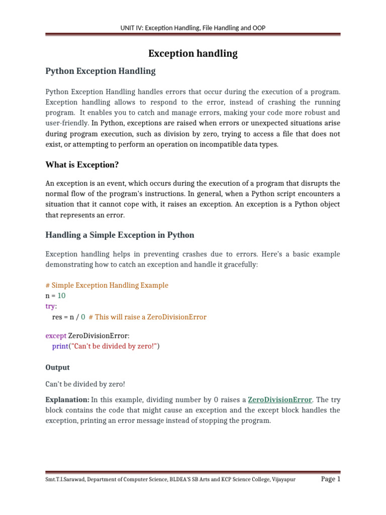 UNIT IV Exception Handling File Handling and OOP | PDF | Computer ...