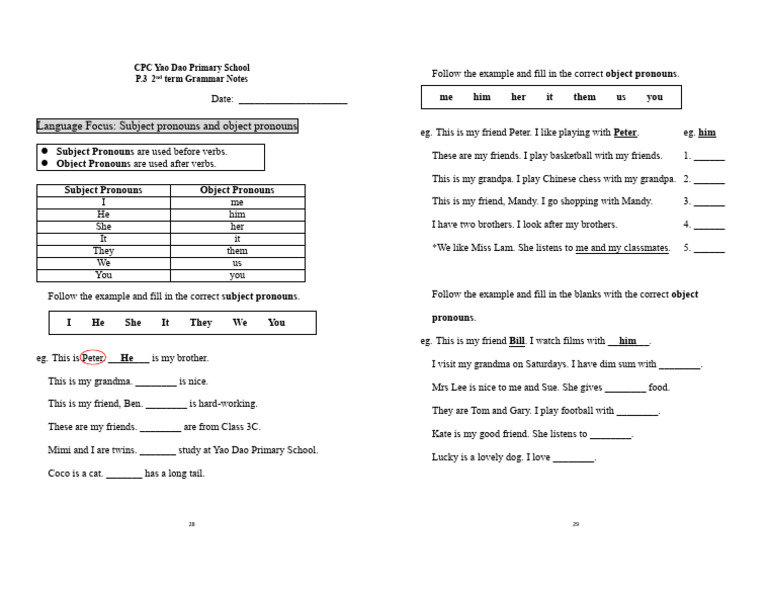 Sub Obj Pronoun (Primary Version) | PDF | Subject (Grammar ...