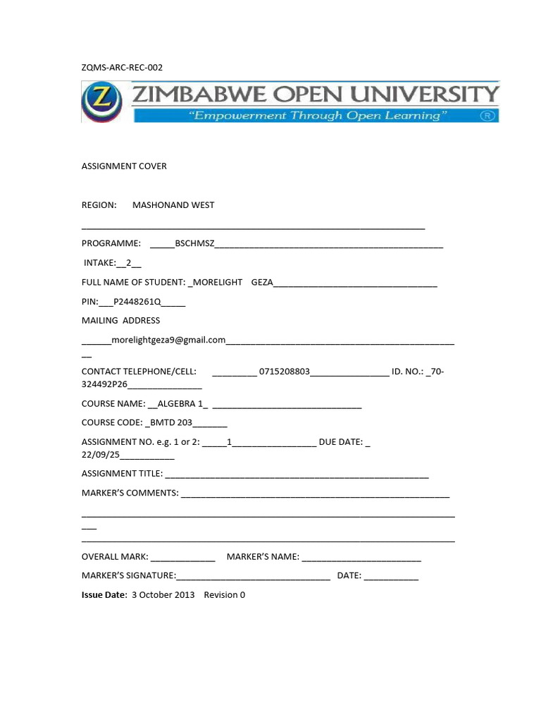 Algebra 1 Assignment Cover Sheet | PDF