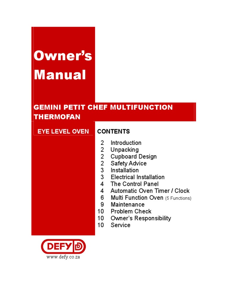 Defy Gemini Petit Chef Oven Manual | PDF | Oven | Grilling