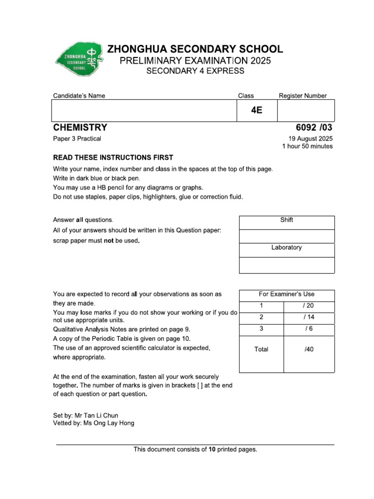 2025 Zhss 4e Pure Chem 6092 p3 - Ans | PDF