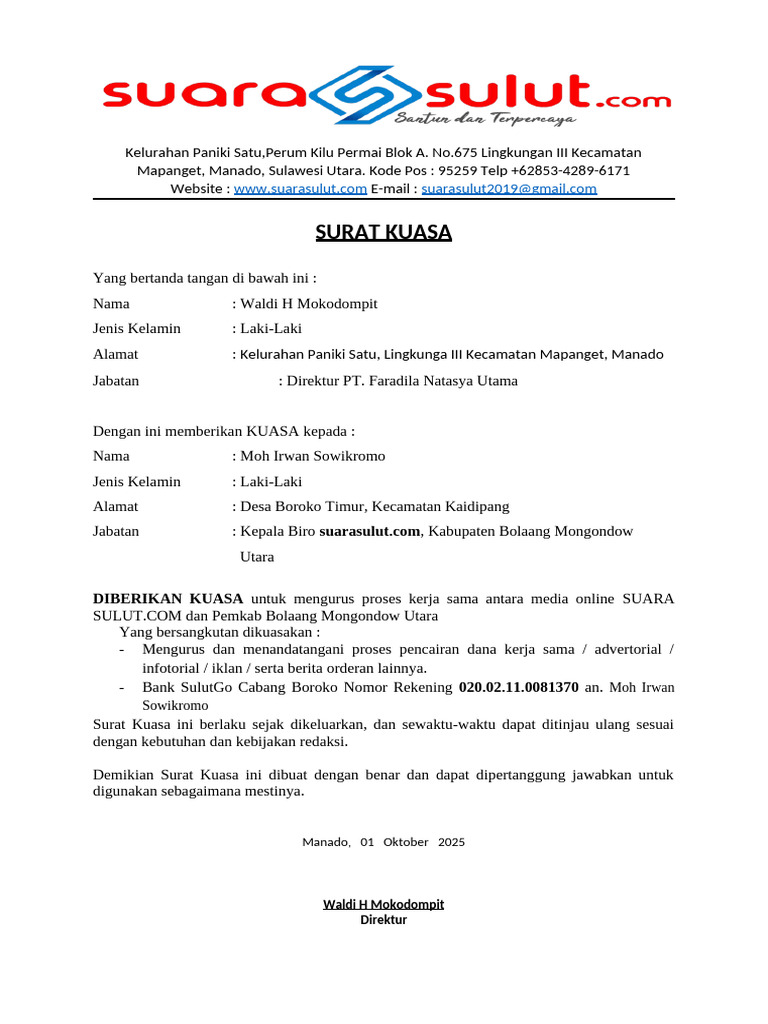 Surat Kuasa Kerja Sama Media Manado | PDF