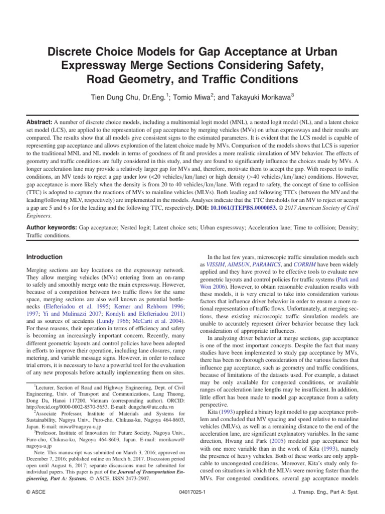 Chu Et Al. - 2017 - Discrete Choice Models For Gap Acceptance at Urban ...