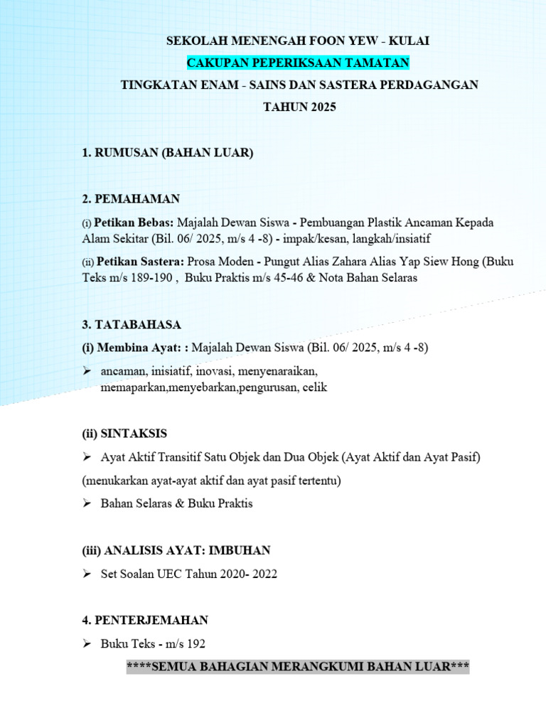 Cakupan Peperiksaan Tingkatan Enam 2025 | PDF