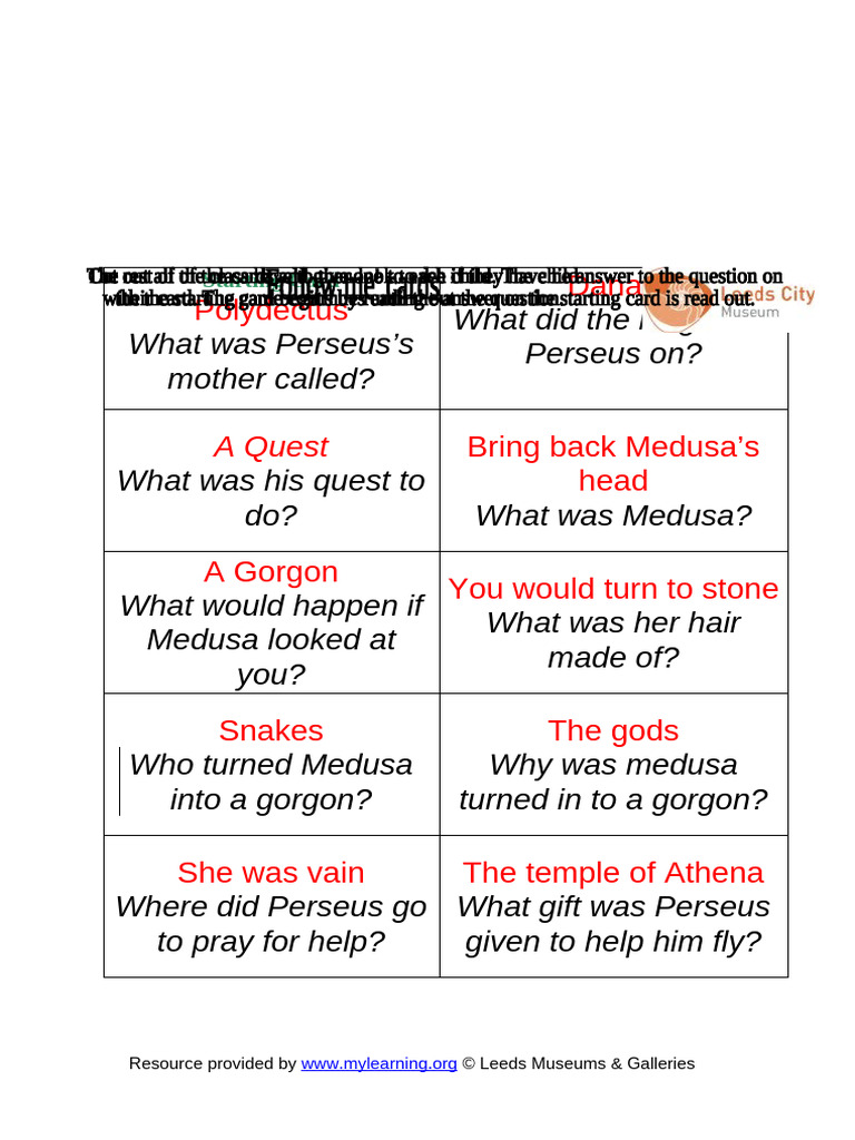 Perseus and The Gorgon 'Follow Me' Cards (Word) | PDF