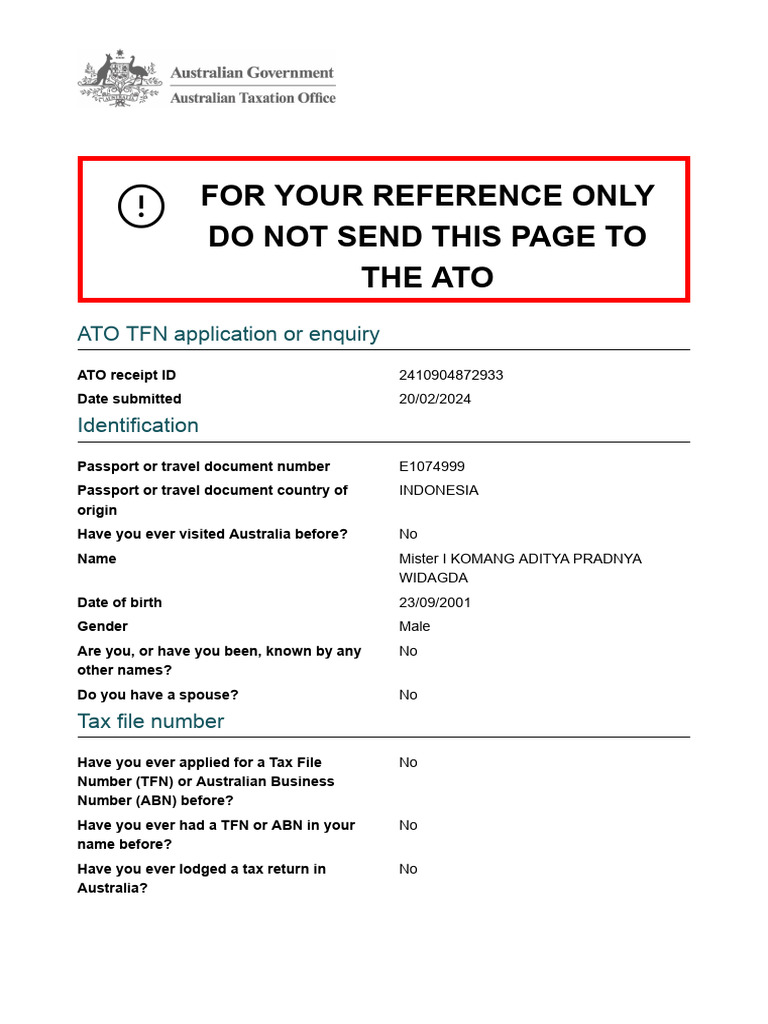 ATO TFN Application for Indonesian Citizen | PDF