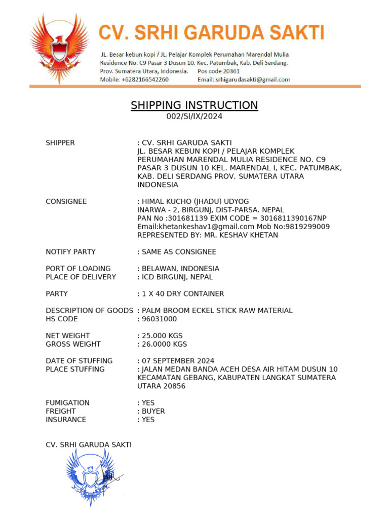 Shipping Instruction | PDF