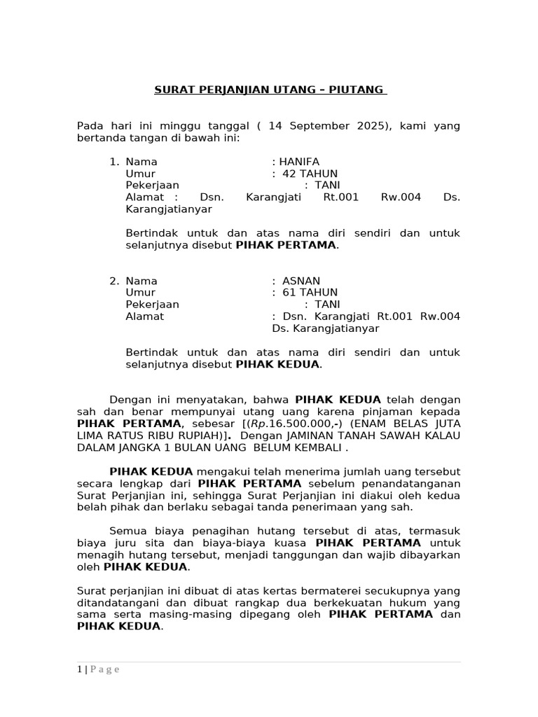 Surat Perjanjian Utang Piutang 2025 | PDF