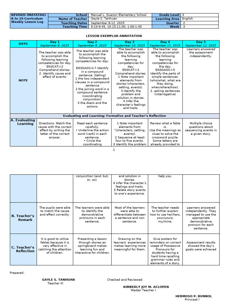 Grade 3 English Weekly Lesson Plan | PDF | Teachers | Grammar
