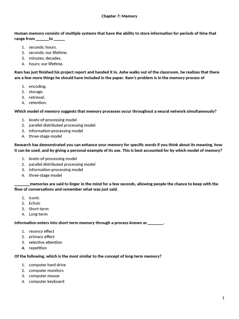 6 PsychologyGrd 11 Chapter 6 MCQs Student | PDF | Memory | Recall (Memory)