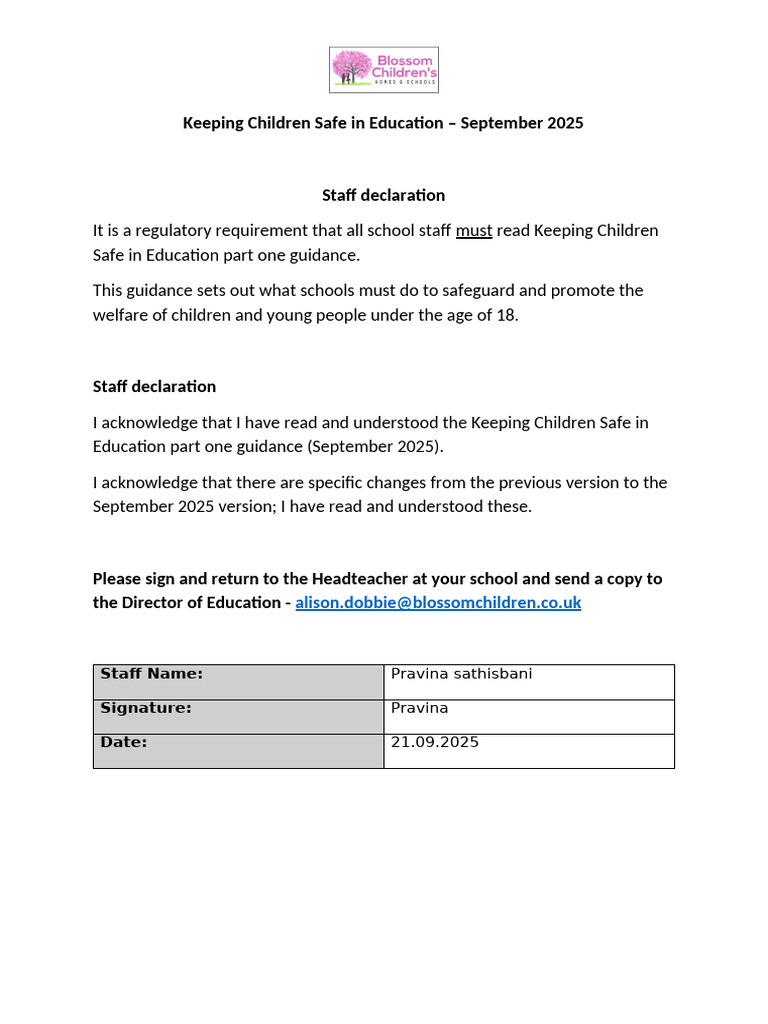 KCSIE September 2025 - Staff Declaration Sheet-2 | PDF