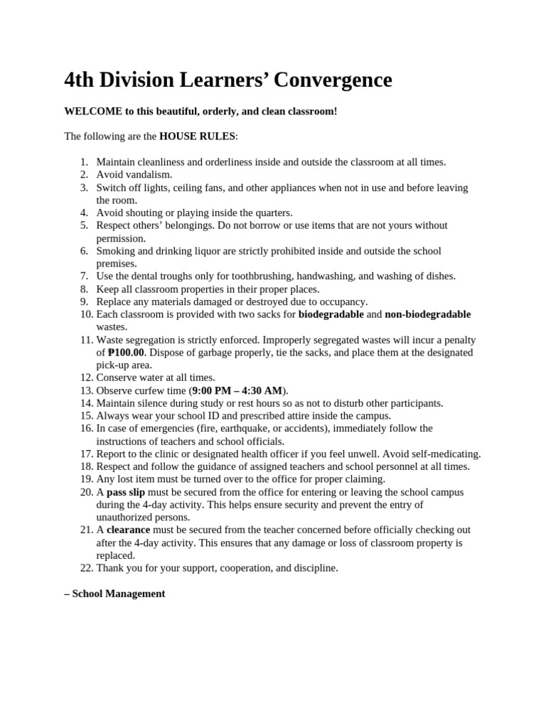 HOuse Rules 4th Division Learners | PDF
