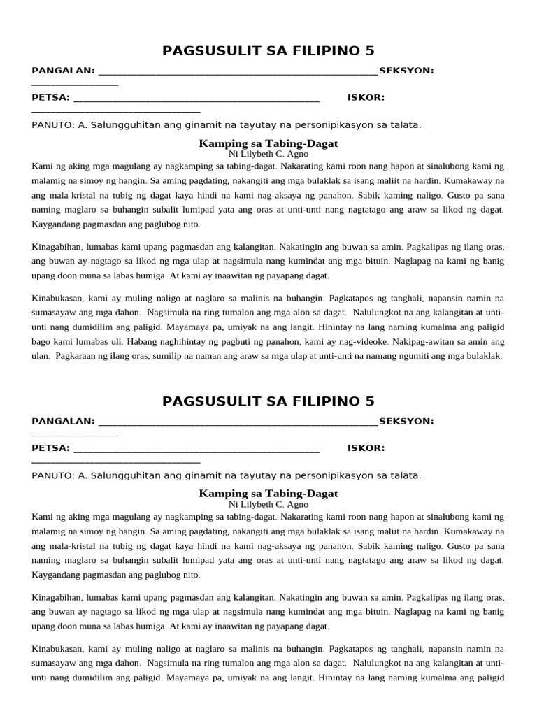 Pagsusulit Sa Filipino 5 | PDF