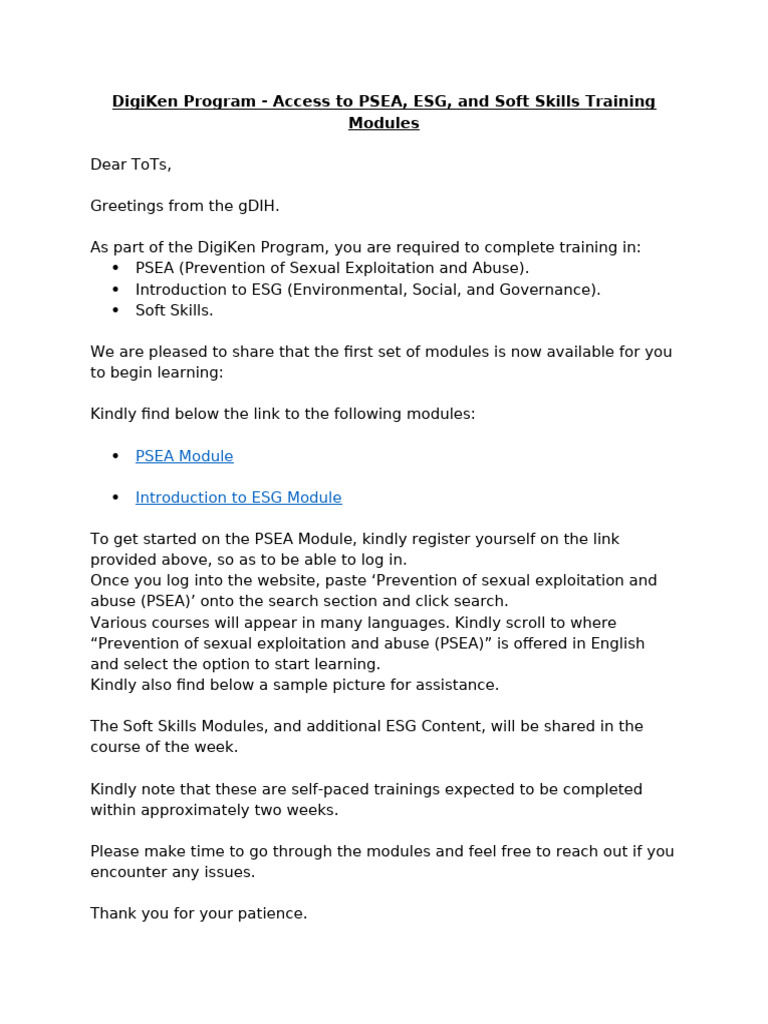 DigiKen Program - Access To PSEA, ESG, and Soft Skills Training Modules | PDF