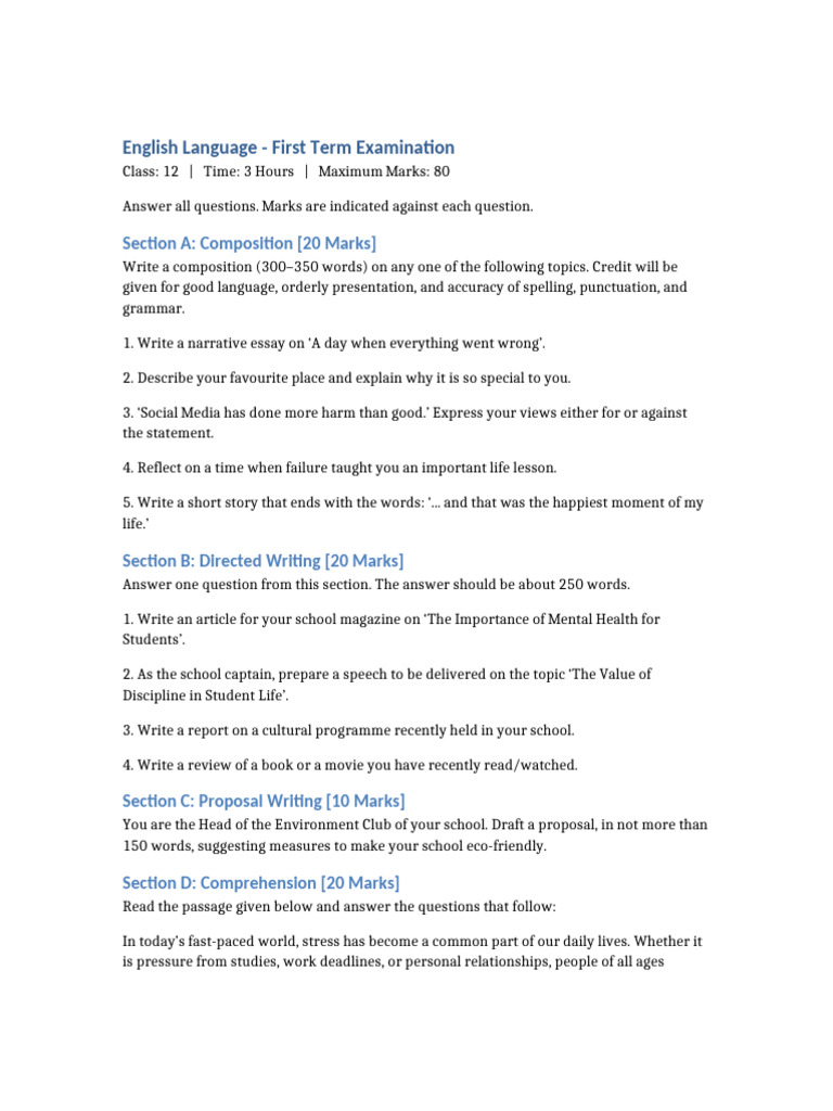 Class 12 English First Term Exam Guide | PDF | English Language | Human ...