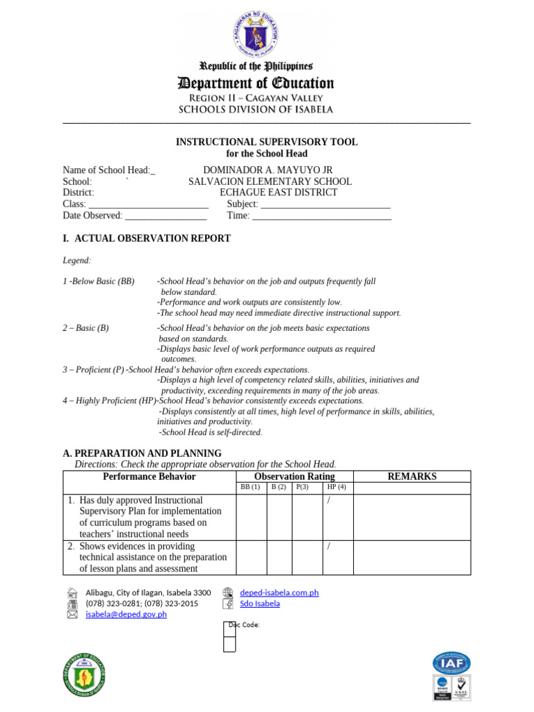 FM CID 006 Instructional Supervisory Tool For The School Head | PDF ...