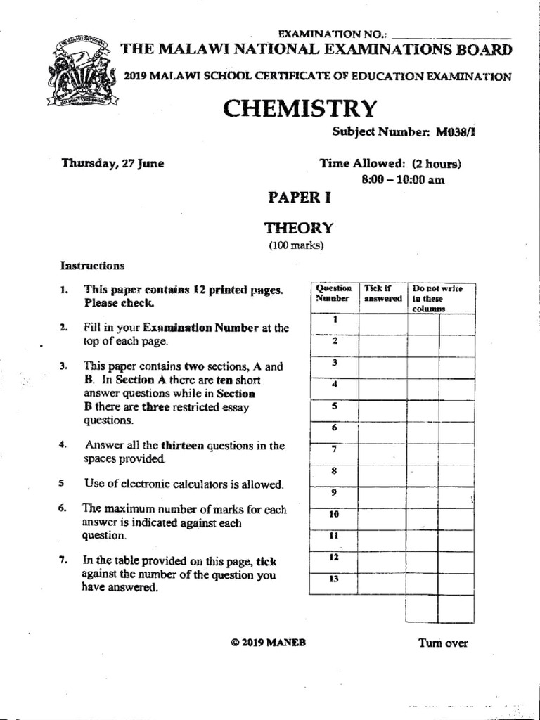 Chemistry Paper 1 2019 MANEB | PDF | Nitrogen | Chemical Elements