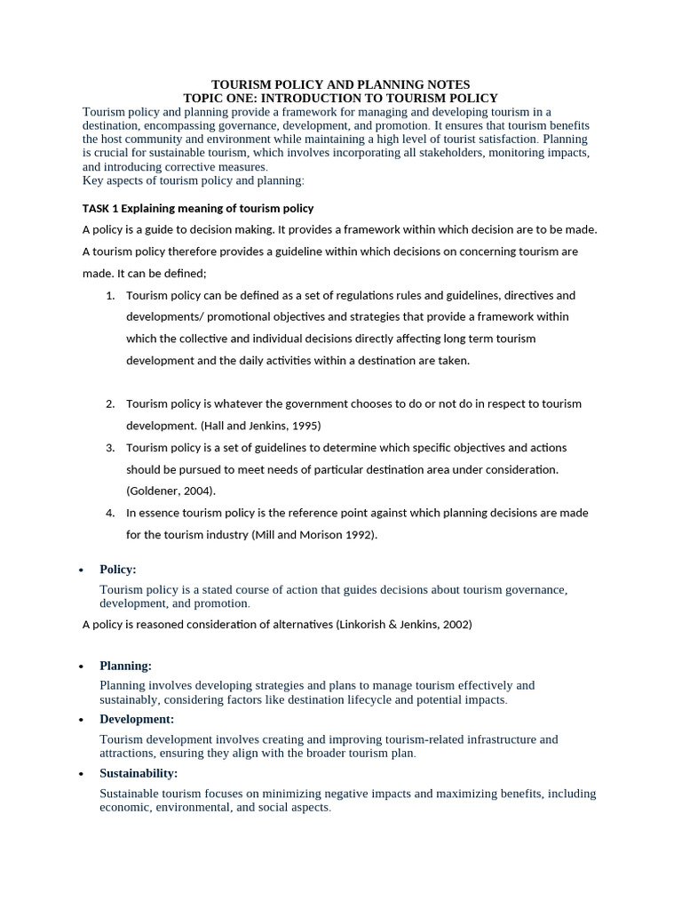 TOURISM POLICY AND PLANNING NOTES Final | PDF | Tourism | Sustainability