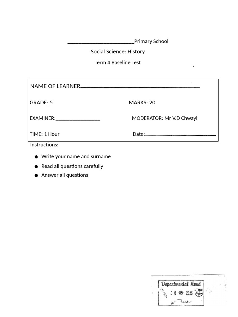 Grade 5 History Term 4 Test Paper | PDF