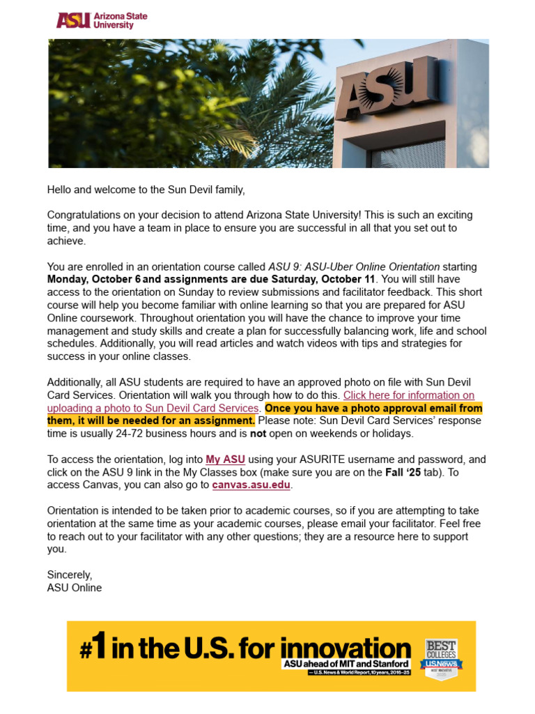 ASU 9 Welcome Letter (10.6-10.11.25) 2 | PDF