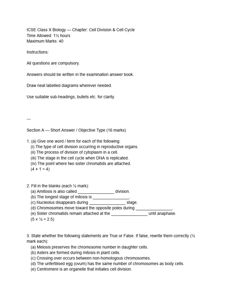Cell Division Test | PDF | Mitosis | Meiosis