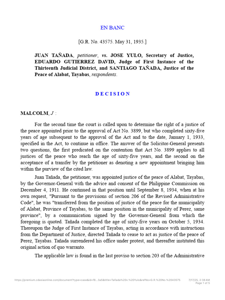 Tañada v. Yulo: Justice Age Limit Ruling | PDF | Justice Of The Peace ...