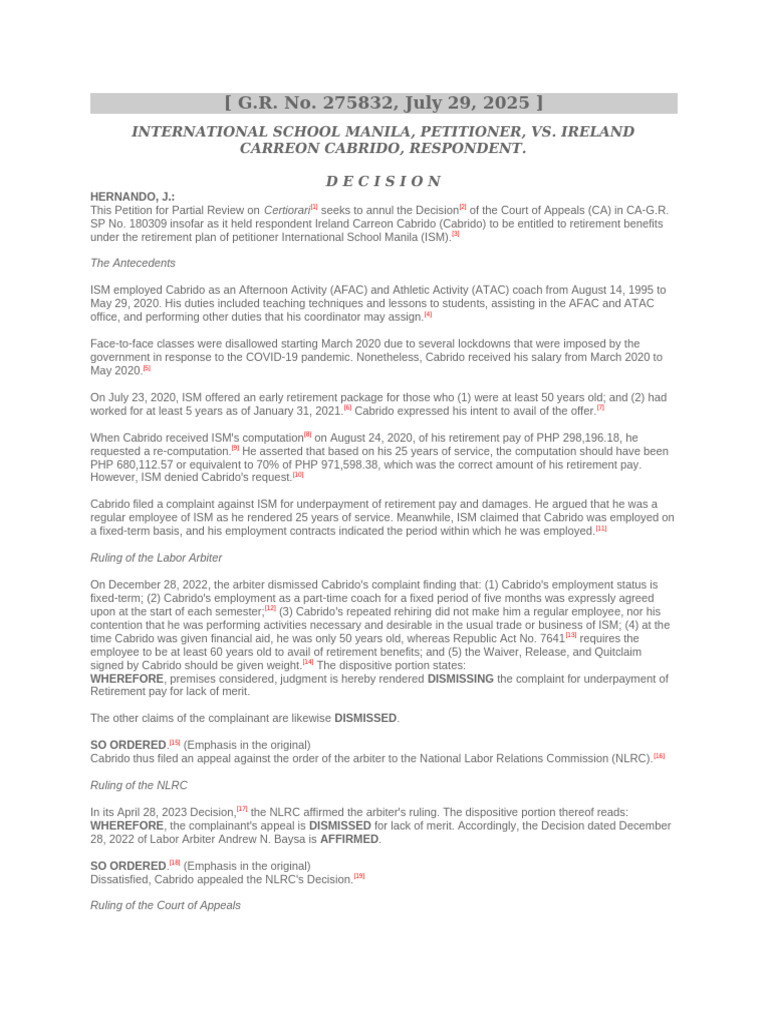 ISM vs Cabrido_Retirement Pay | PDF | Employment | Estoppel